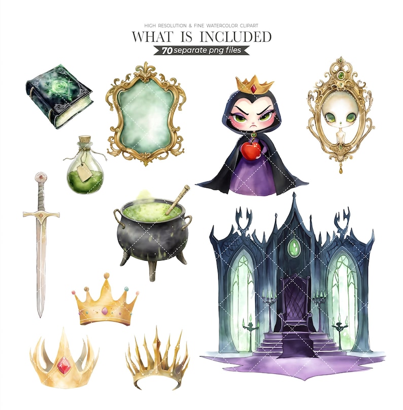 Snow White Watercolor Clipart: Princess and Seven Dwarfs (PNG) - Etsy