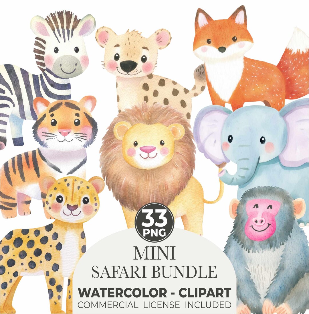 Safari Animals Watercolor Clipart Bundle: 33 Jungle Nursery Art PNG ...