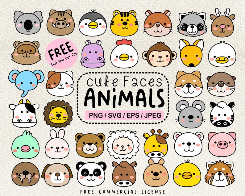 Animals Face Clipart Bundle, Cute Animals PNG, Animals Baby Shower ...