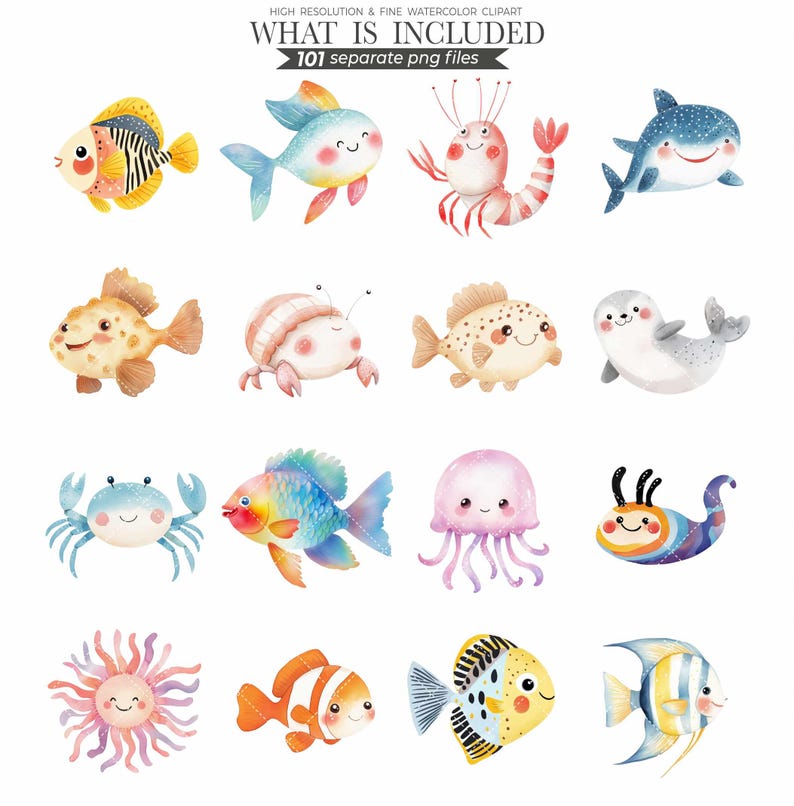 Watercolor Sea Animals Clipart: Ocean Nursery Art, Commercial Use (PNG ...