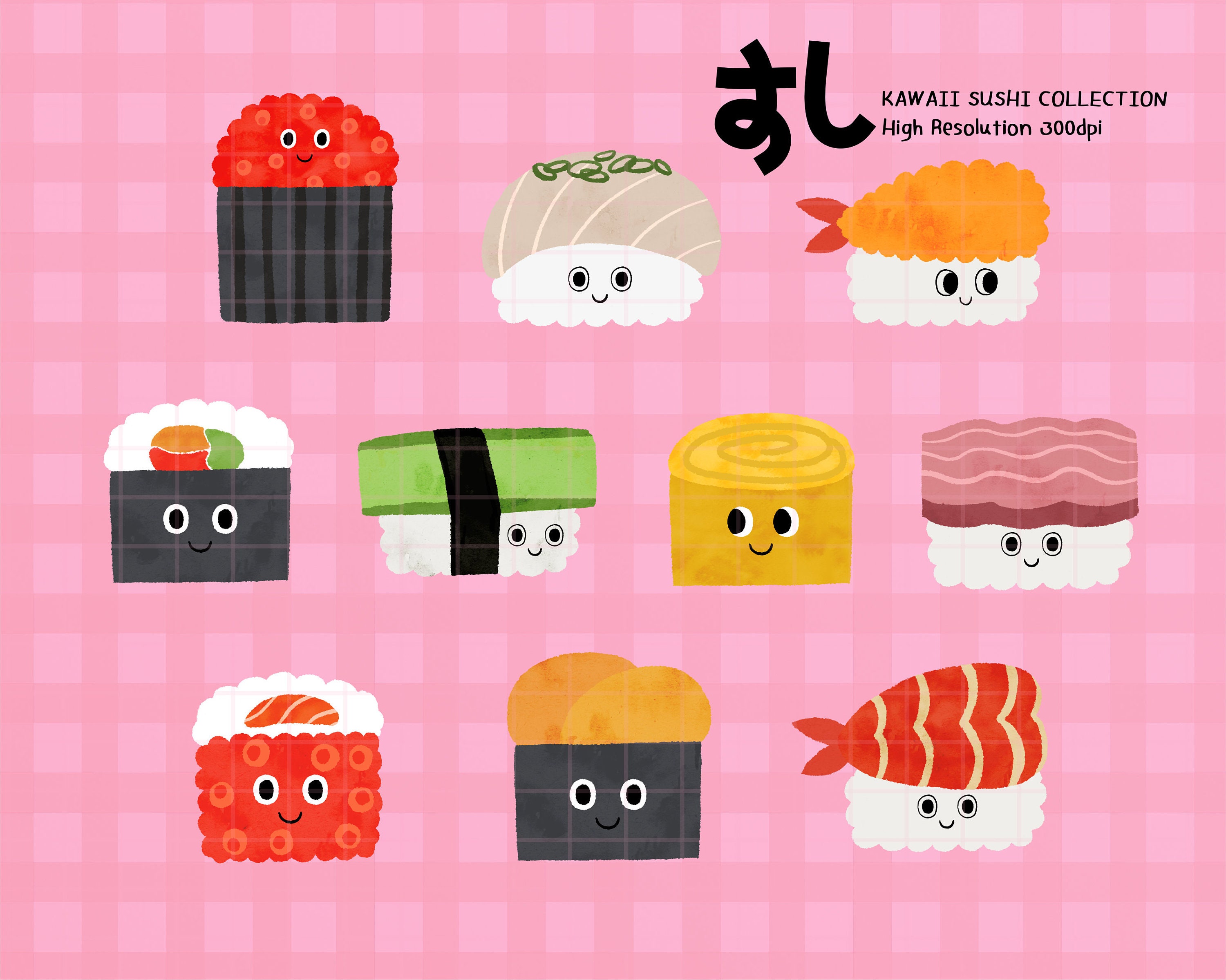 Cute Sushi Watercolor Clipart, Kawaii Sushi Collection, Cute Sushi ...