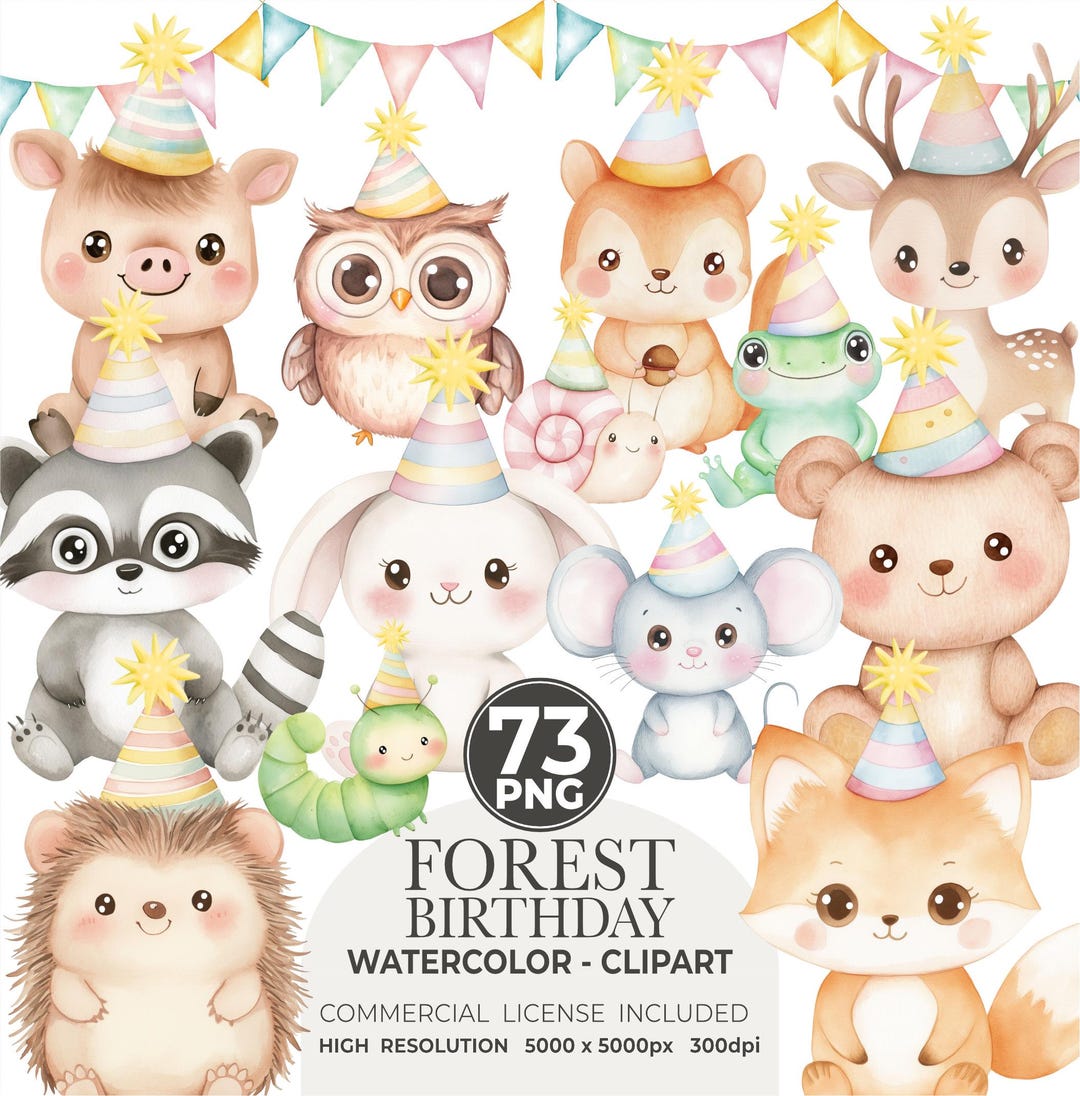 Forest Animals Birthday Clipart: Watercolor Woodland PNG (commercial ...