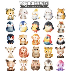 Watercolor Cute Animals Clipart 200 Cute Animal PNG Watercolor Animals ...