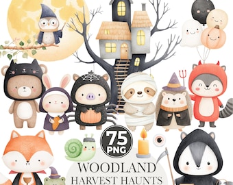 Halloween Woodland Animals Clipart: Watercolor Nursery Art (digital ...
