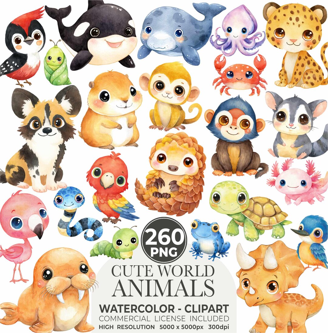 Watercolor Cute Animals Clipart 260 Cute Animal PNG Watercolor Animals ...