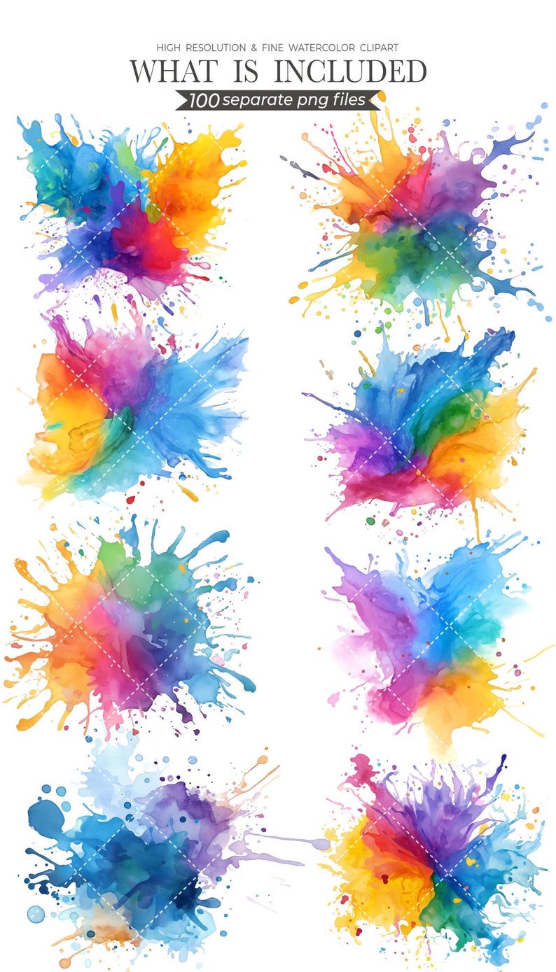 100 Watercolor Color Splash Clipart PNG Paint Splatter Clipart Alcohol ...