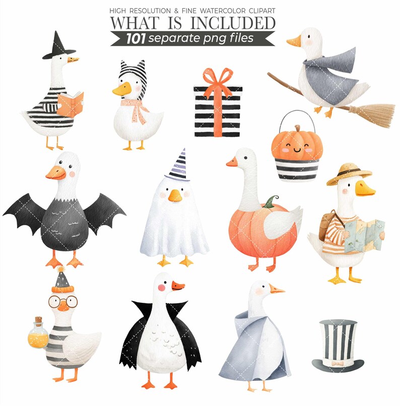 Watercolor Halloween Goose Clipart Set, Cute Spooky Geese PNG ...