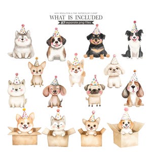 Cute Dogs Clipart Birthday Party Watercolor Pastel Cartoon Puppy Breeds ...