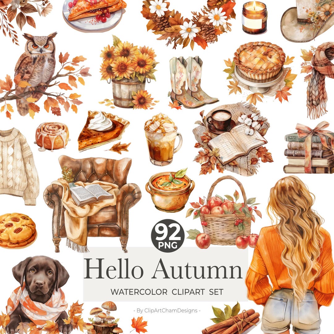 Hello Autumn, Watercolor Autumn Clipart Bundle, Cozy Fall Clipart ...