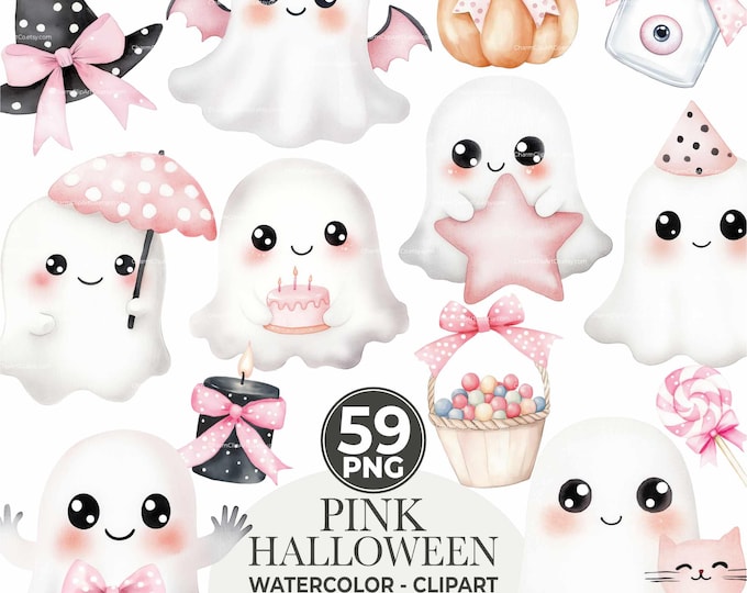 Pink Halloween Watercolor Clipart Bundle | 93 PNG Files | Cats ...