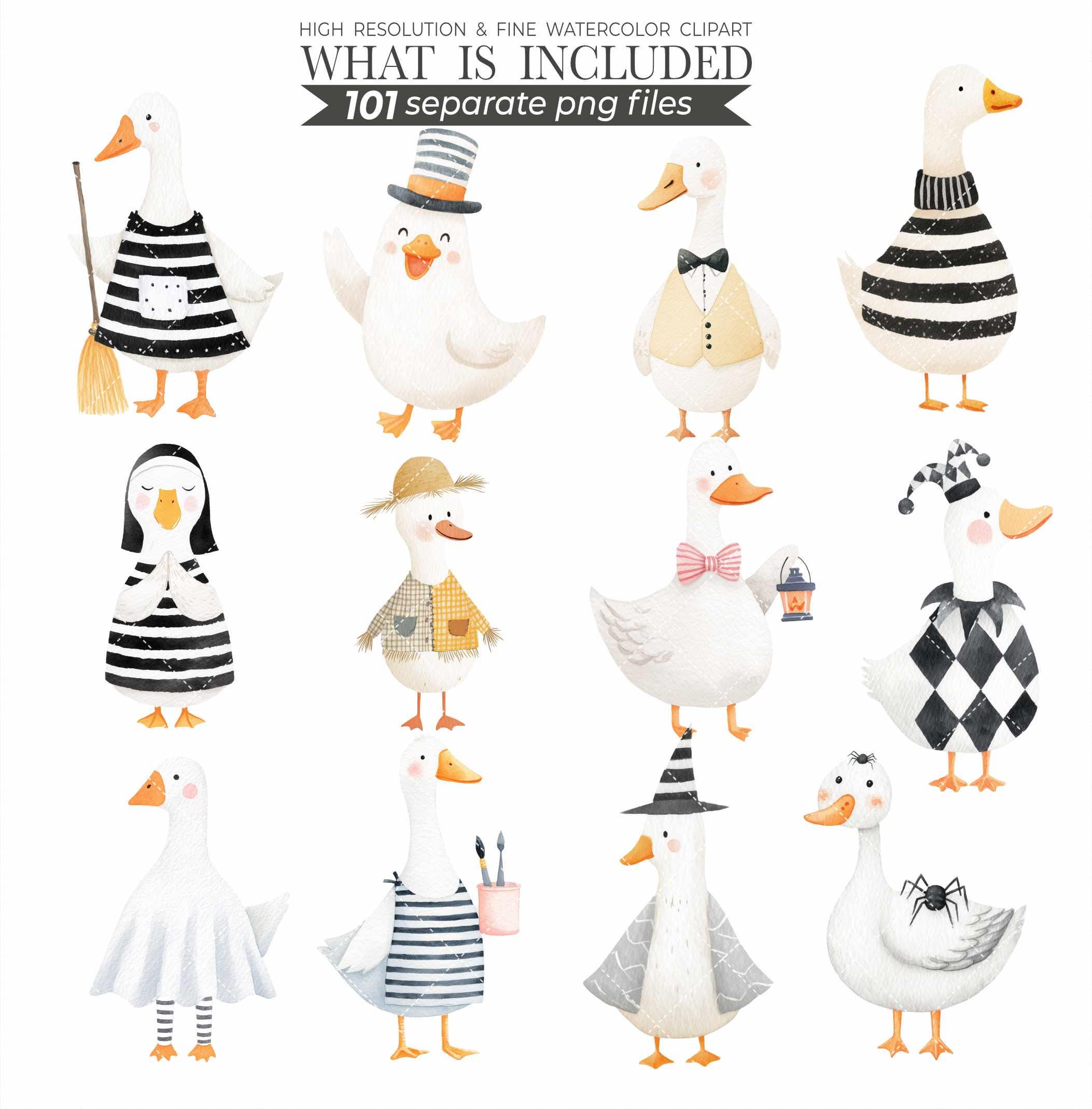 Watercolor Halloween Goose Clipart Set, Cute Spooky Geese PNG ...