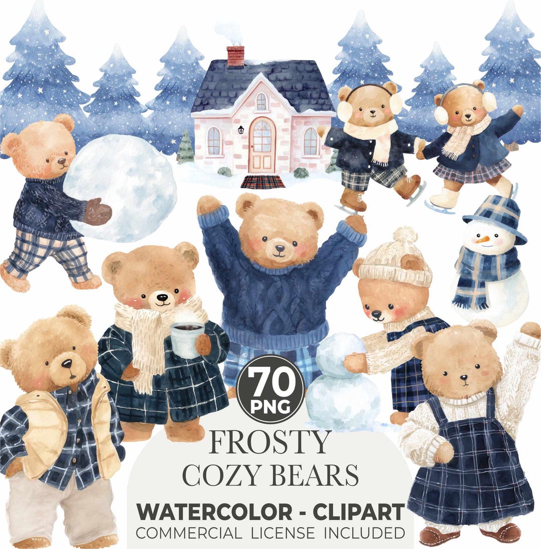 Frosty Cozy Bears Clipart, Watercolor Winter Teddy Bears, Tartan ...