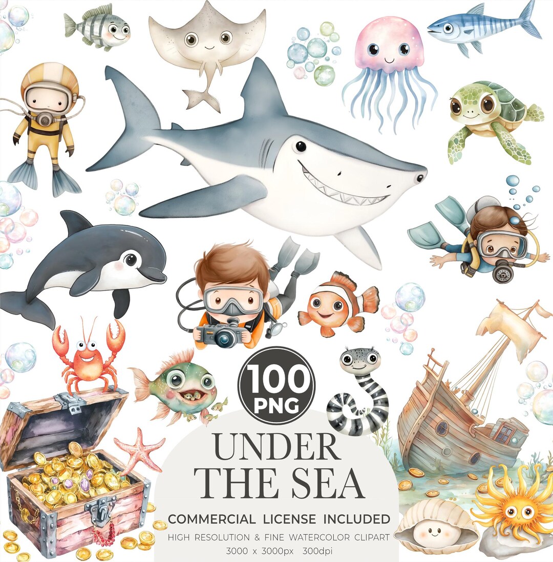100 Under the Sea | Scuba Diver Nursery Clipart - Watercolor Clipart ...