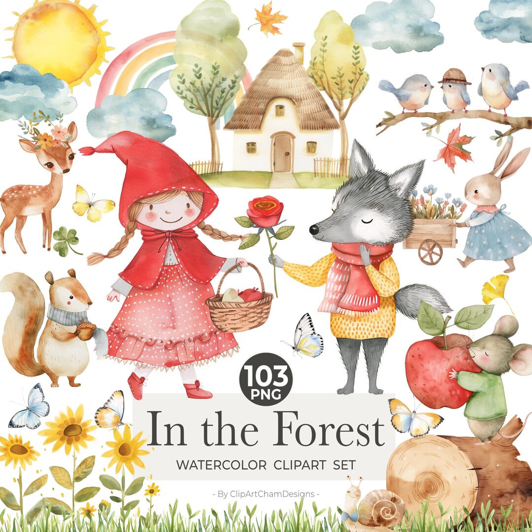 Little Red Riding Hood Watercolor Clipart, Woodland Animals Watercolor ...
