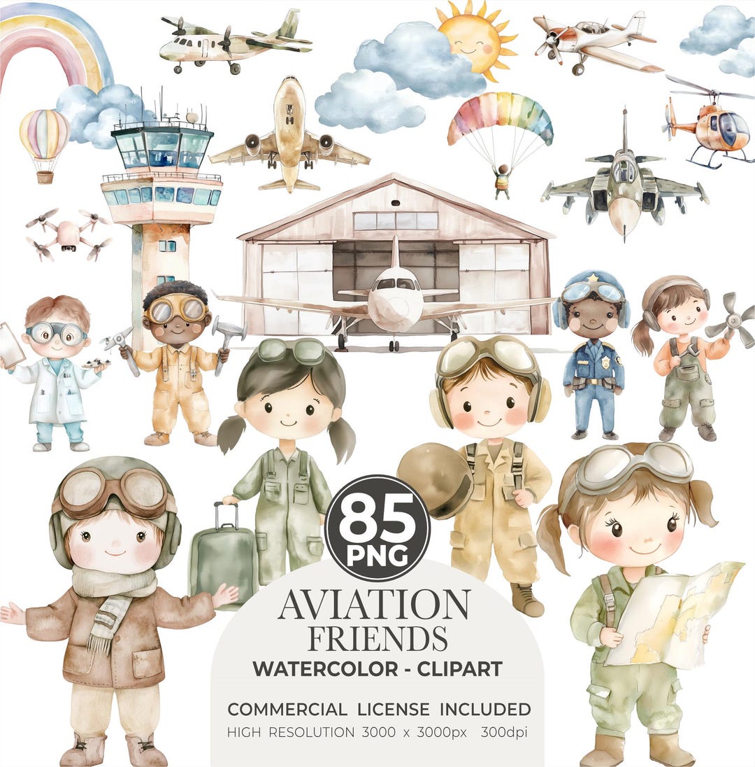 Cute Aviator Clipart - Watercolor Clipart - Airplane, Pilot, Clouds ...