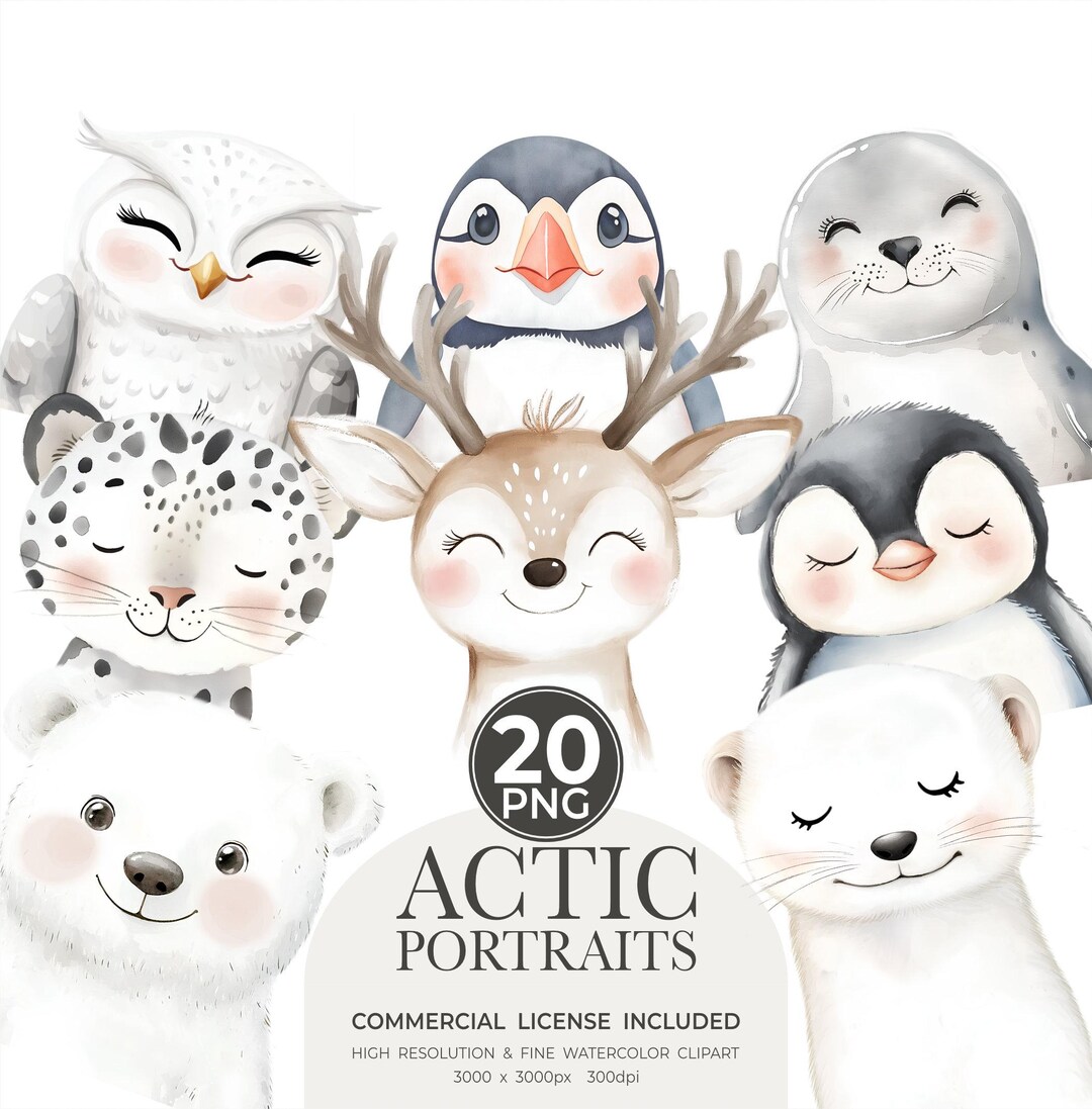 Watercolor Arctic Animals Clipart: Polar Nursery Decor (PNG) - Etsy