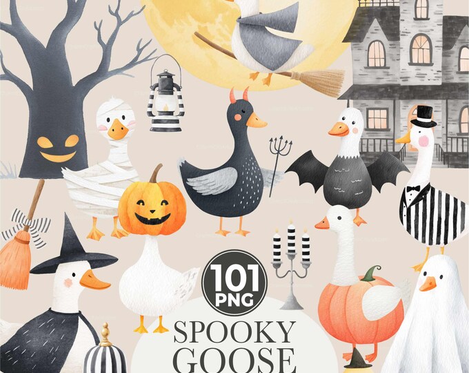 Watercolor Halloween Goose Clipart Set, Cute Spooky Geese PNG ...
