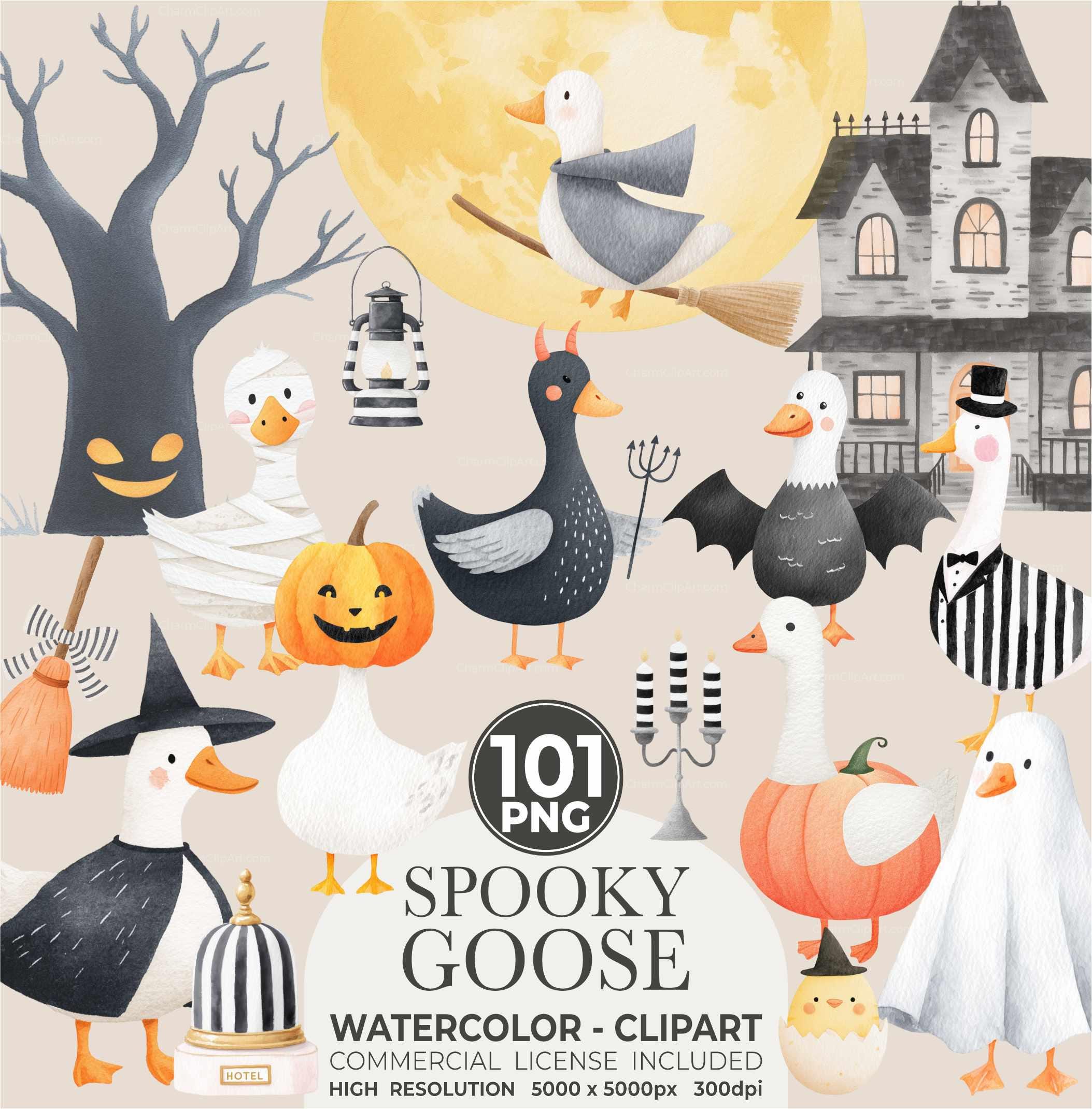 Watercolor Halloween Goose Clipart Set, Cute Spooky Geese PNG ...