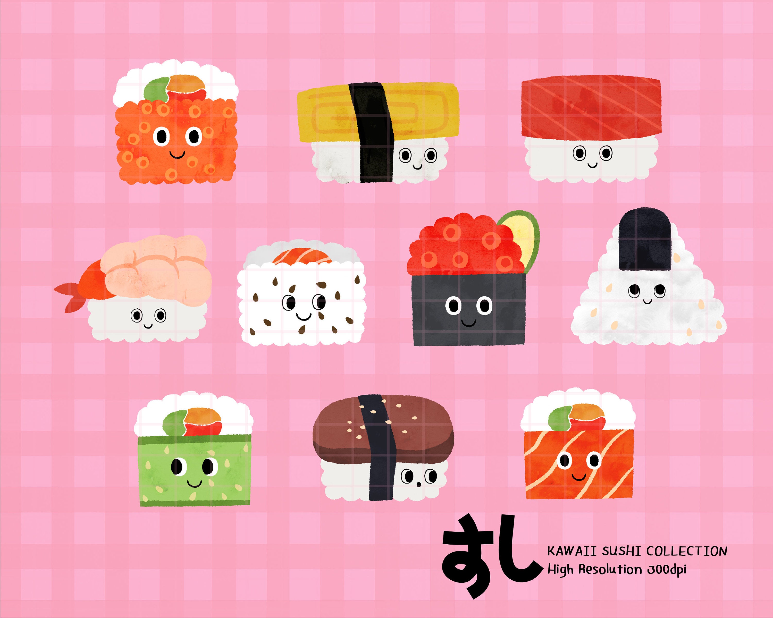 Cute Sushi Watercolor Clipart, Kawaii Sushi Collection, Cute Sushi ...