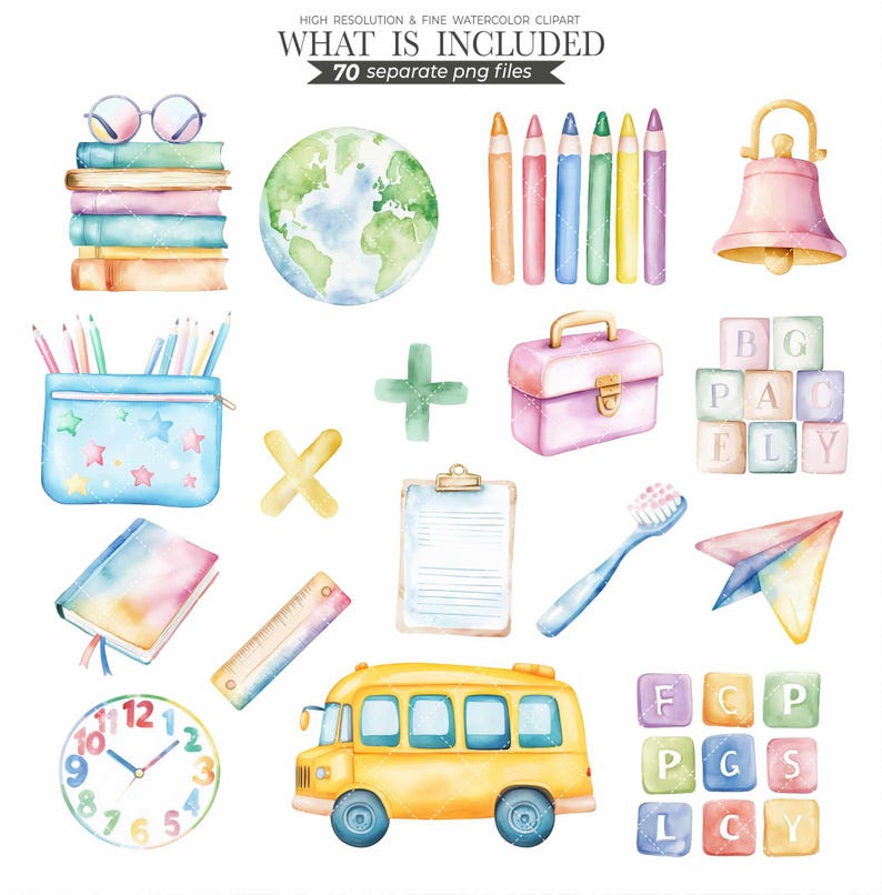 Watercolor Back to School Clipart Bundle (PNG, Commercial Use) - Etsy