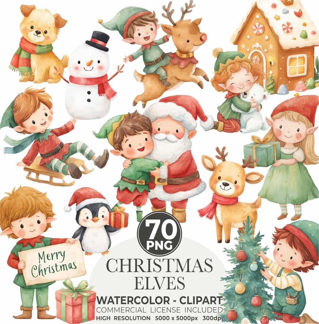 Watercolor Christmas Clipart Bundle: Santa's Village, Reindeer, Elf ...