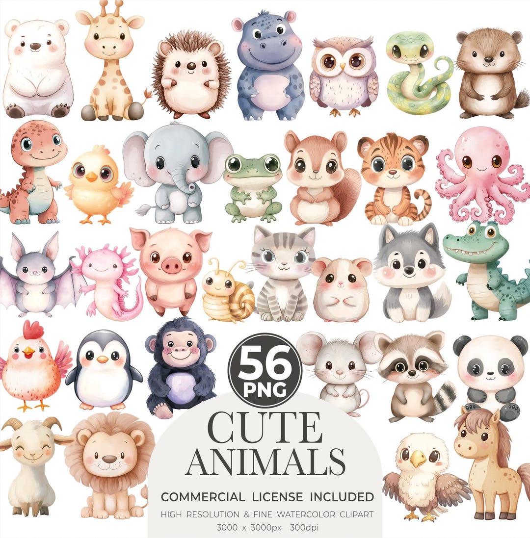 Watercolor Cute Animals Clipart, 56 Cute Animal PNG, Watercolor Animals ...
