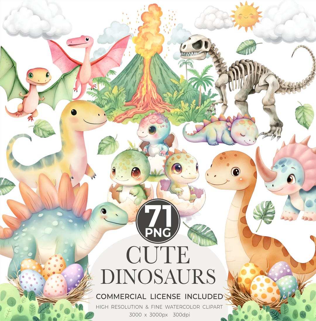 Watercolor Dinosaurs Clipart, Cute Dinosaurs PNG, Baby Shower, Nursery ...