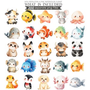 Watercolor Cute Animals Clipart 200 Cute Animal PNG Watercolor Animals ...
