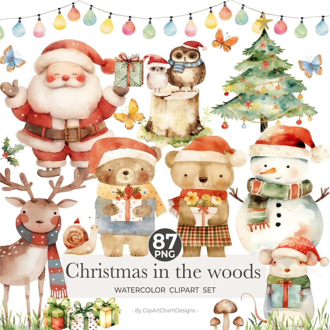 Woodland Christmas Clipart - Watercolor Winter - Cute Forest Animal ...