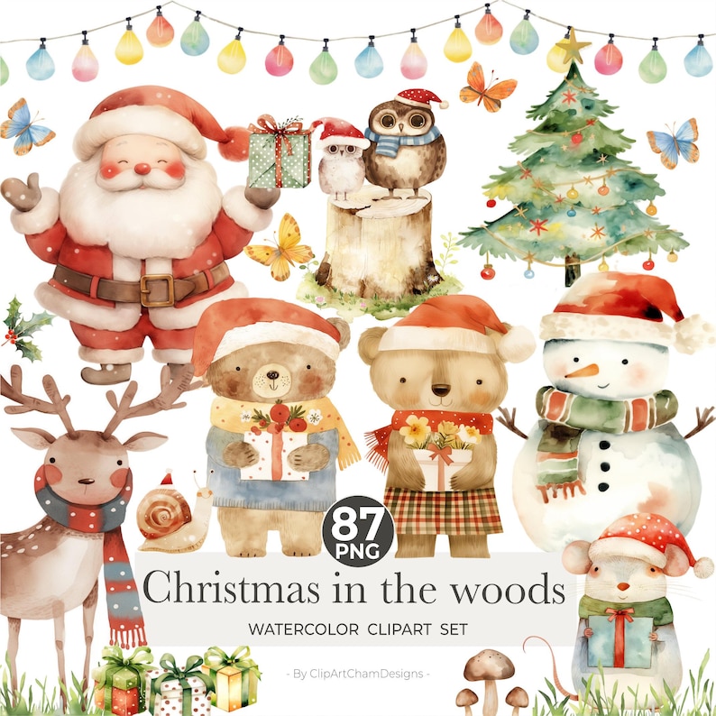 Woodland Christmas Clipart: Watercolor Forest Animals (PNG Digital ...