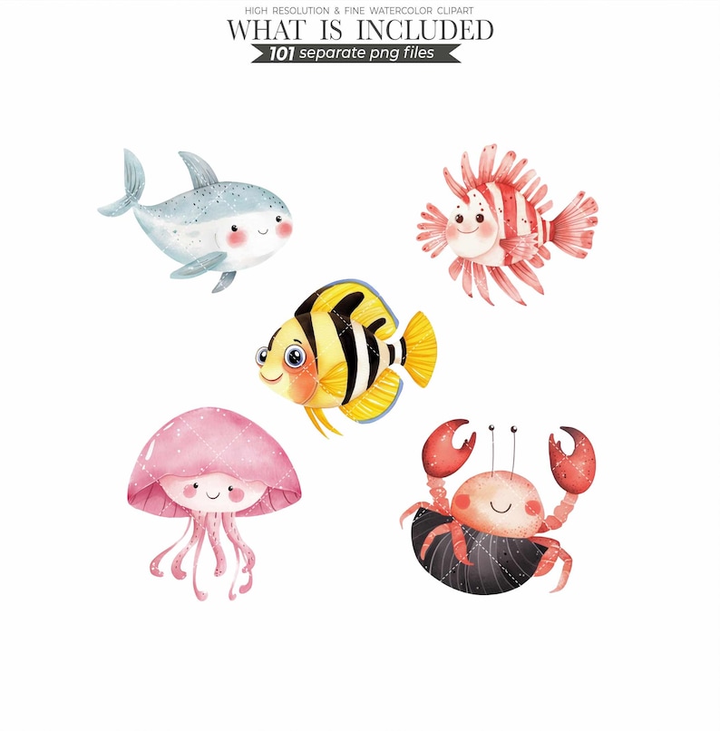 Watercolor Sea Animals Clipart: Ocean Nursery Art, Commercial Use (PNG ...