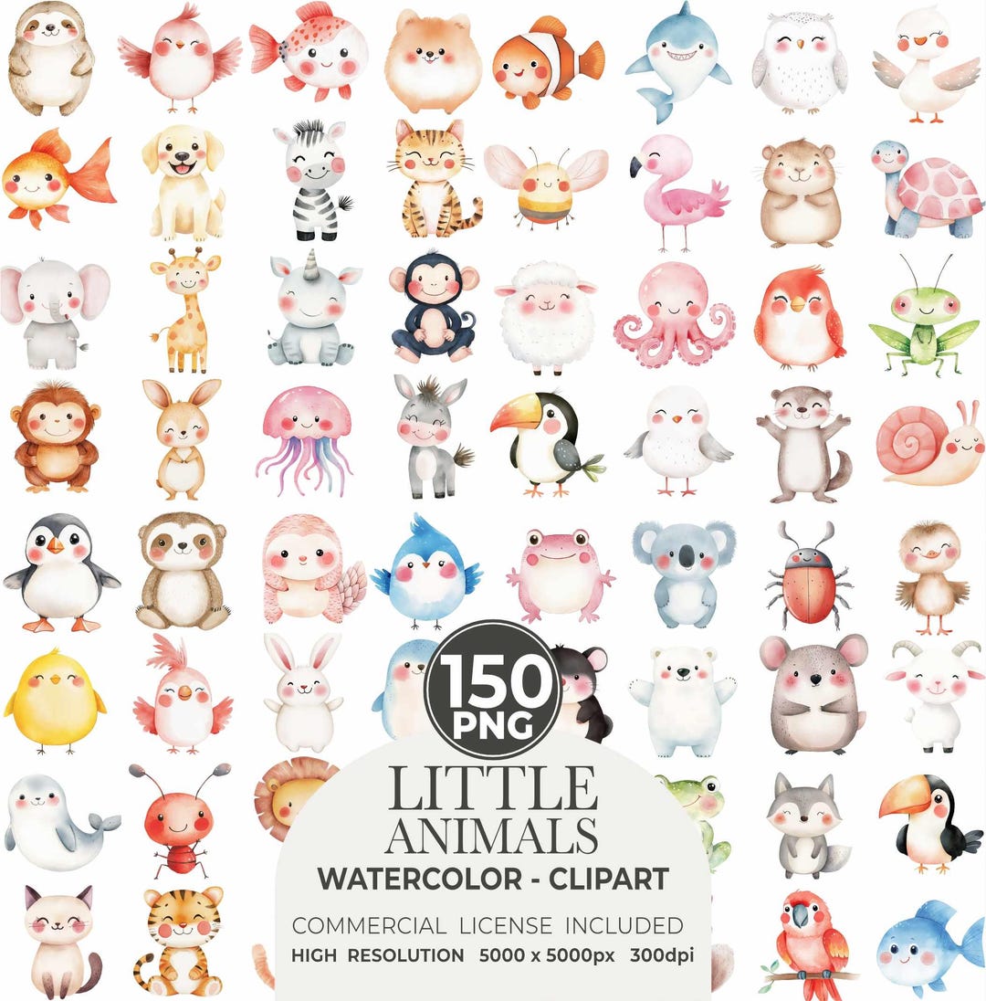 Watercolor Cute Animals Clipart 150 Cute Animal PNG Watercolor Animals ...