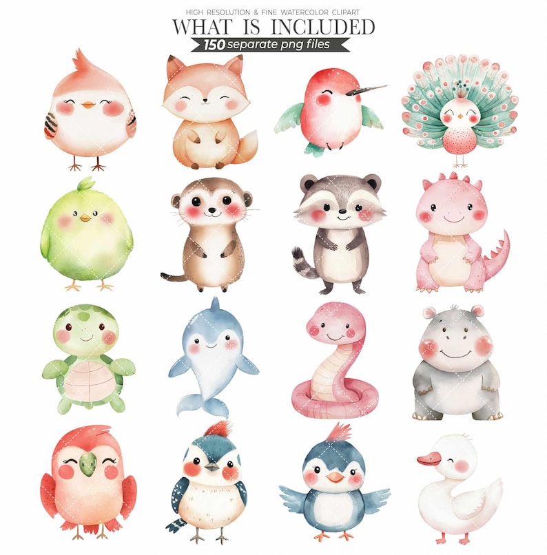 Watercolor Cute Animals Clipart 150 Cute Animal PNG Watercolor Animals ...