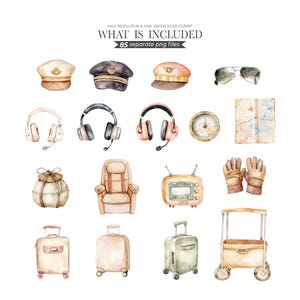 Cute Aviator Clipart - Watercolor Clipart - Airplane, Pilot, Clouds ...