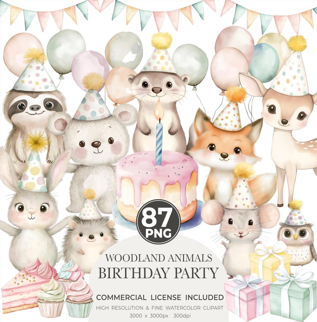 87 Birthday Party Woodland Animals, PNG Watercolor Clipart, Celebrate ...