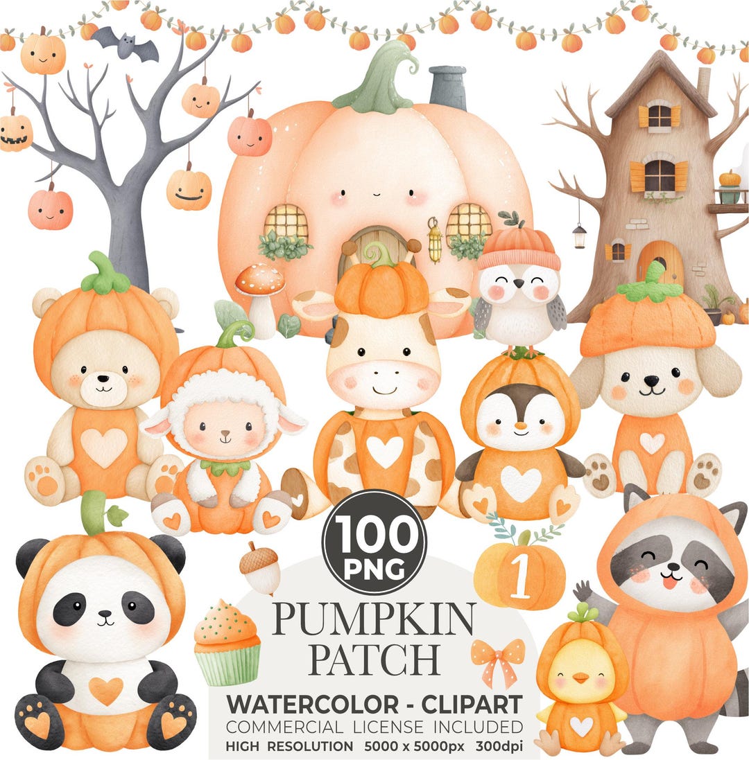 Watercolor Pumpkin Patch Animal Clipart: Fall Harvest PNG (commercial ...