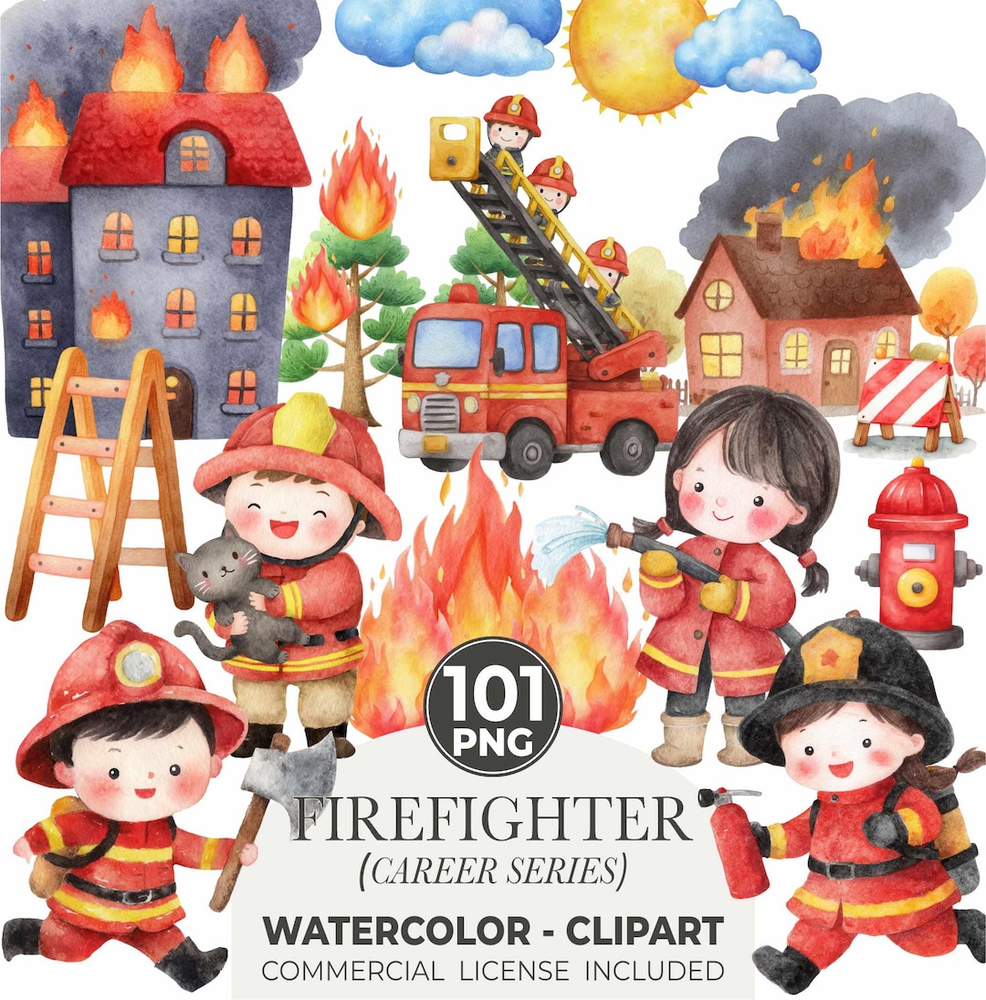 Cute Firefighters Clipart, Watercolor Emergency Vehicles Clipart, Fire ...