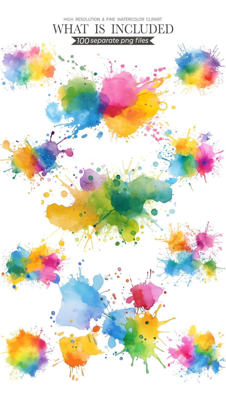 100 Watercolor Color Splash Clipart PNG Paint Splatter Clipart Alcohol ...