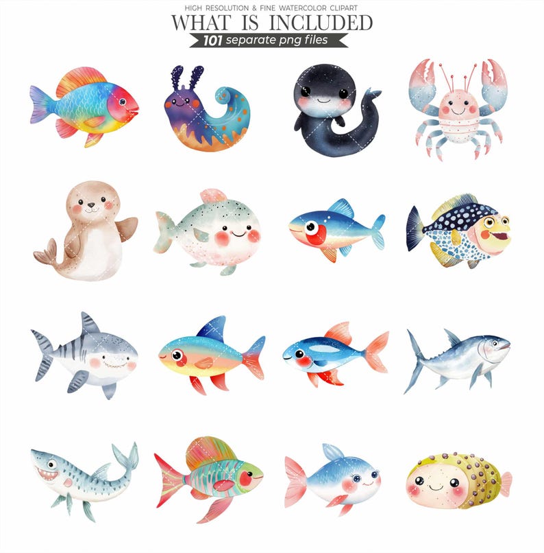 Watercolor Sea Animals Clipart: Ocean Nursery Art, Commercial Use (PNG ...