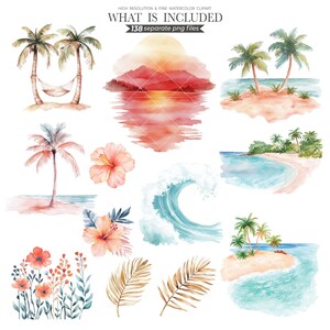Watercolor Beach Day Clipart, Summer Clipart, Tropical Clipart, Beach ...