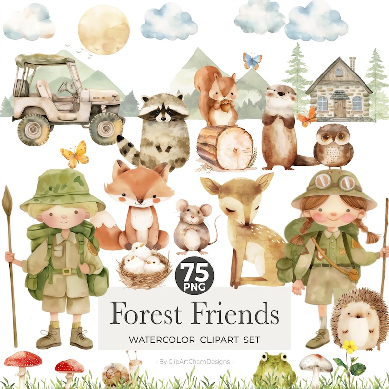 Watercolor Forest Animals Clipart: 75 PNG Woodland Nursery Designs ...