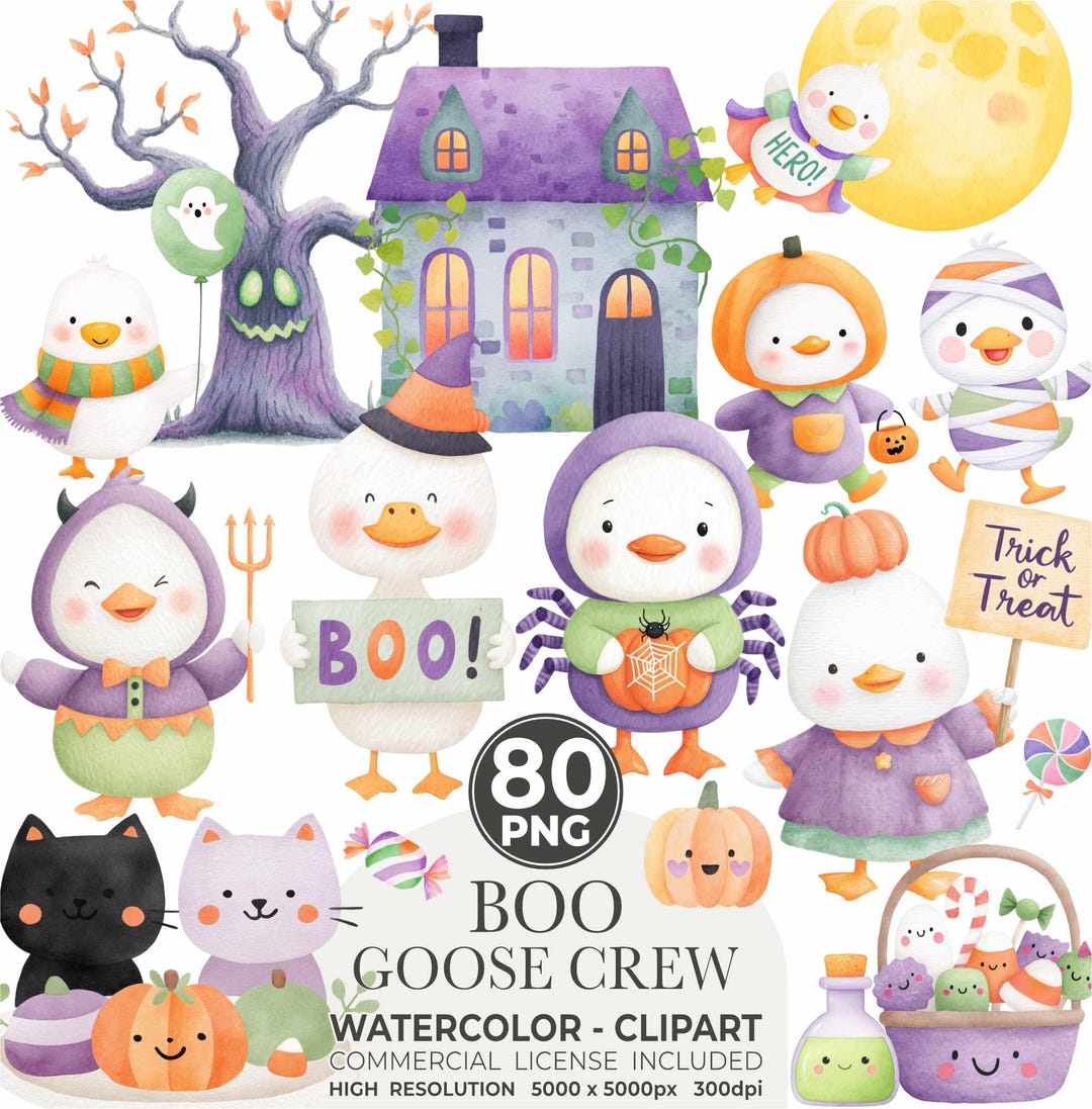 Watercolor Halloween Goose Clipart Set, Pastel Spooky Animals PNG ...