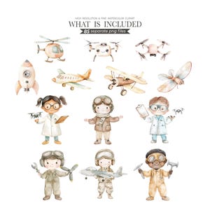 Cute Aviator Clipart - Watercolor Clipart - Airplane, Pilot, Clouds ...