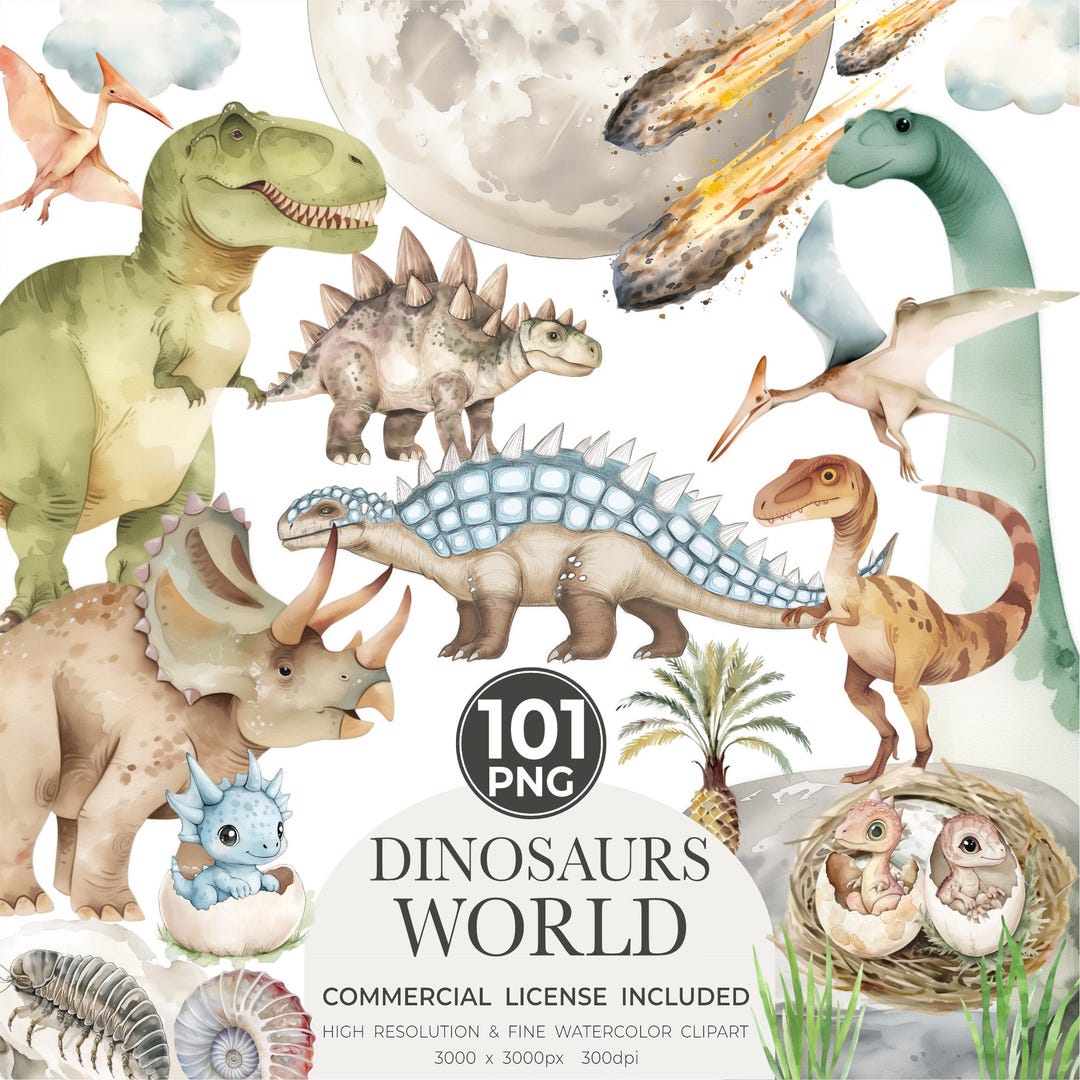 Watercolor Dinosaur Clipart: 101 PNG Nursery Graphics (digital Download ...