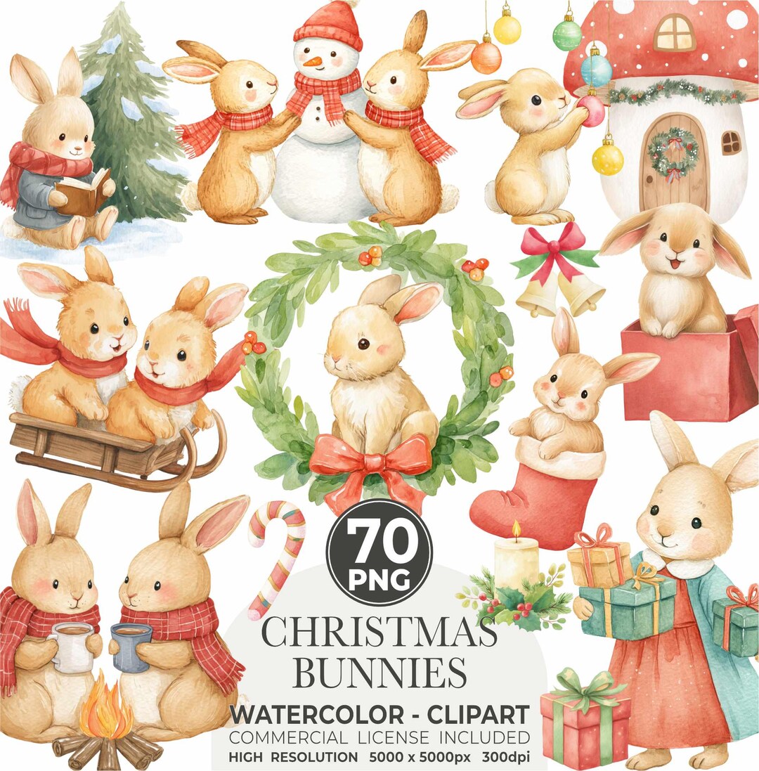 Christmas Bunny Watercolor Clipart: Festive Holiday Graphics (digital ...