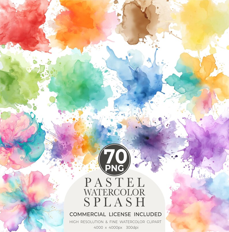 70 Pastel Watercolor Alcohol Ink Splash Clipart, Paint Splatter PNG ...