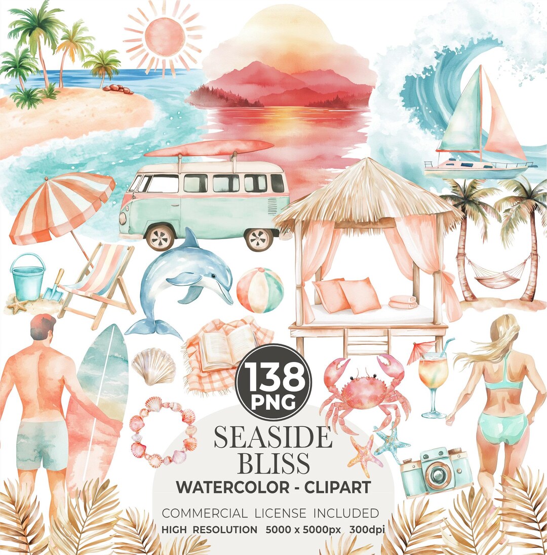 Watercolor Beach Day Clipart, Summer Clipart, Tropical Clipart, Beach ...