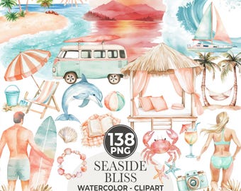 Watercolor Pink Beach Day Clipart, Pink Summer Clipart, Tropical ...