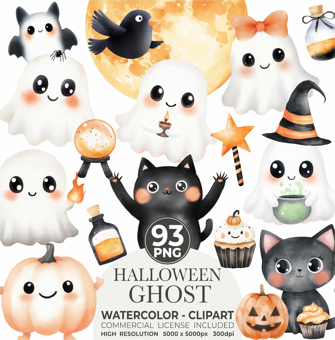 Watercolor Cute Halloween Clipart Bundle, Spooky Ghosts Clip Art ...