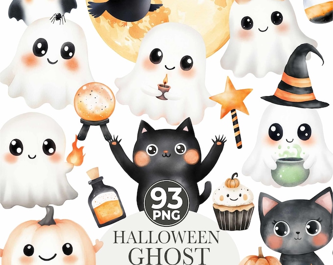 Watercolor Cute Halloween Clipart Bundle, Spooky Ghosts Clip Art ...